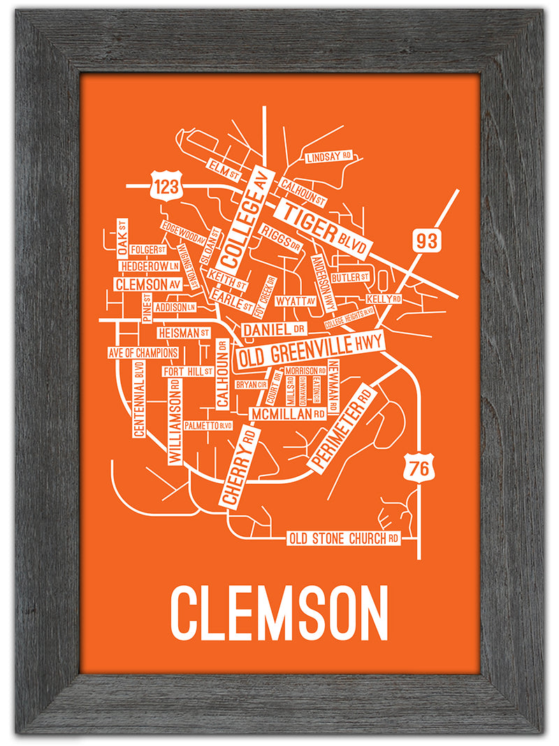 Clemson, South Carolina Street Map Screen Print - School Street Posters