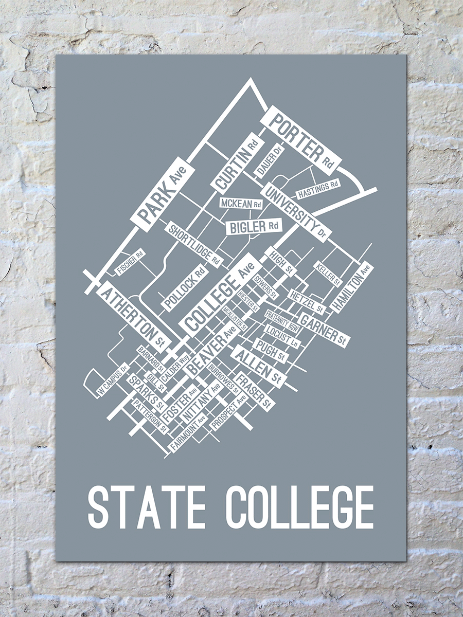 State College, Pennsylvania Street Map Screen Print - School Street Posters