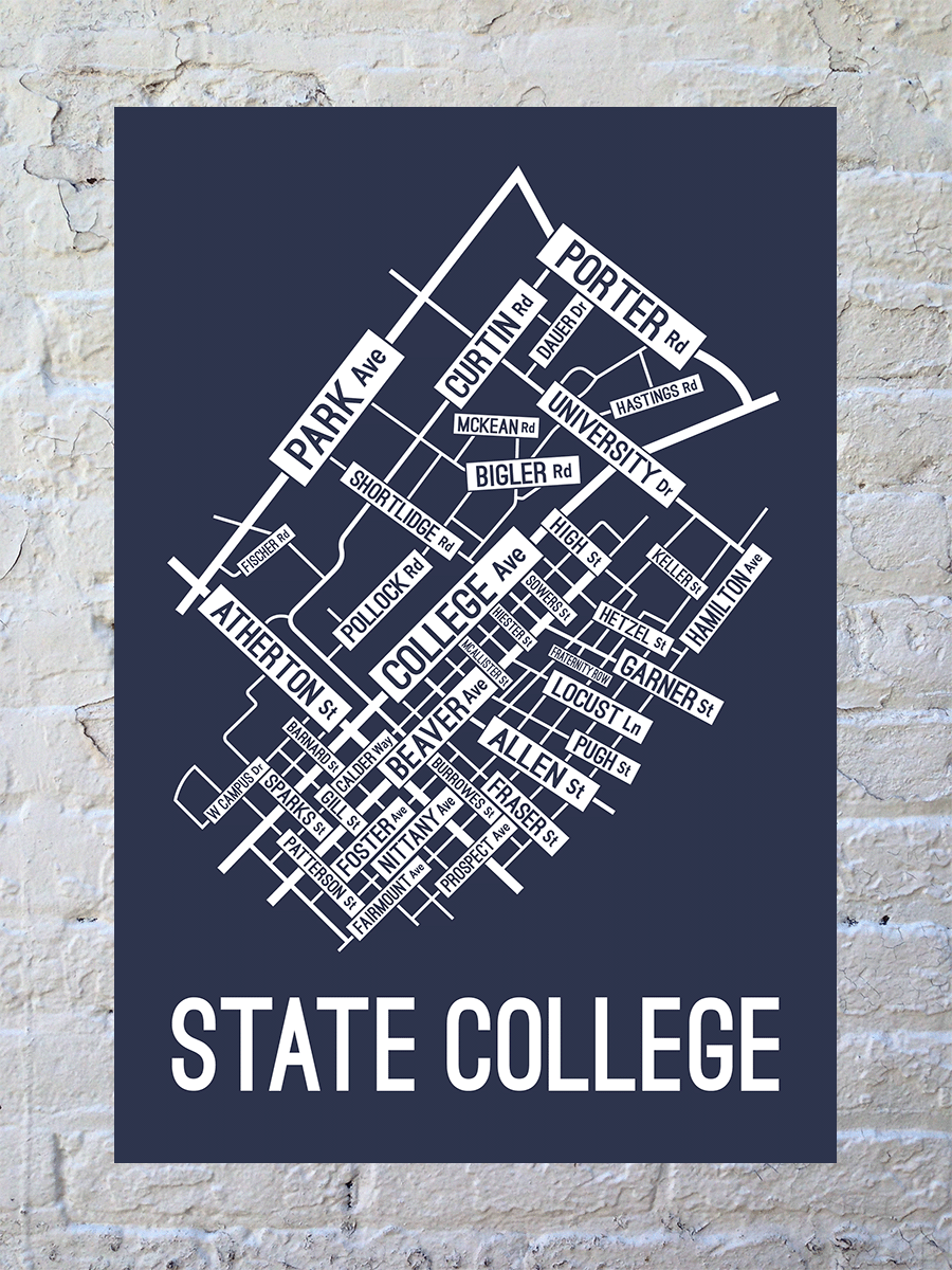 State College, Pennsylvania Street Map Screen Print - School Street Posters
