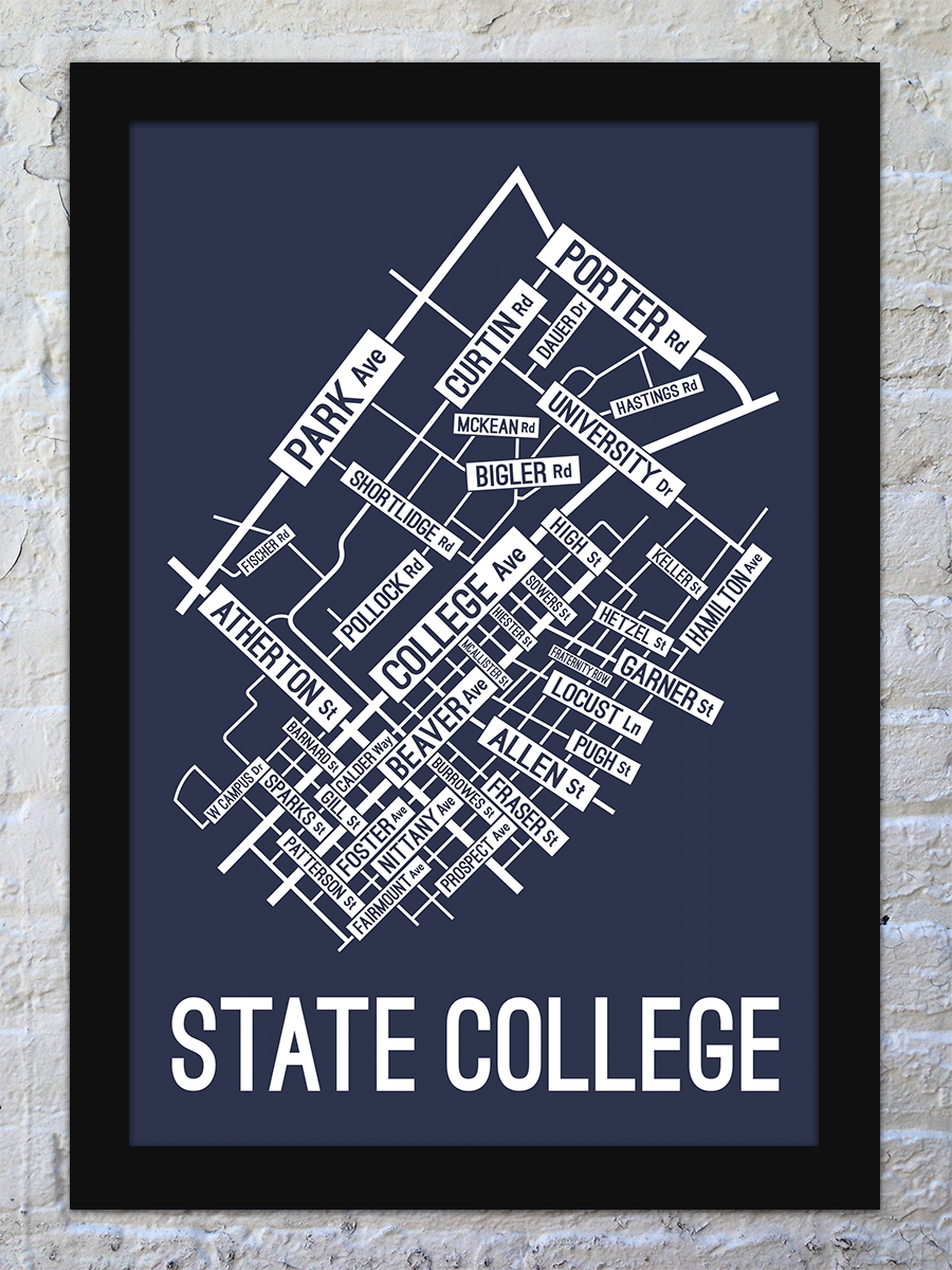 State College, Pennsylvania Street Map Screen Print - School Street Posters