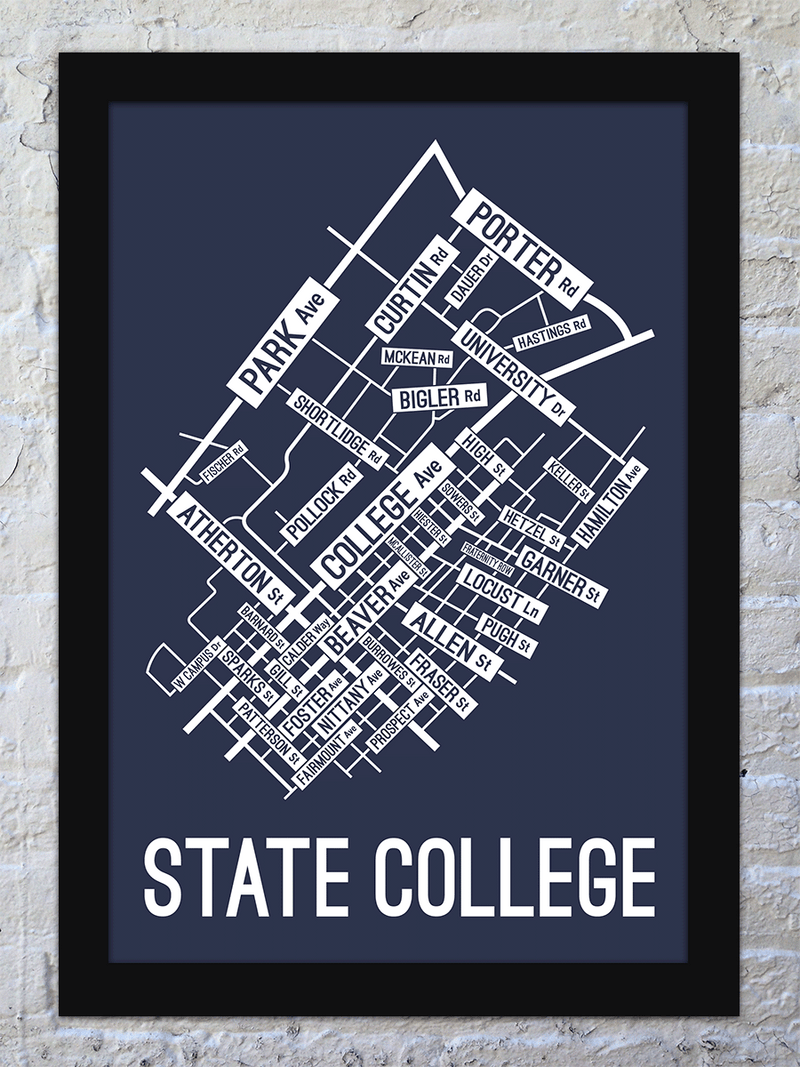 State College, Pennsylvania Street Map Screen Print - School Street Posters