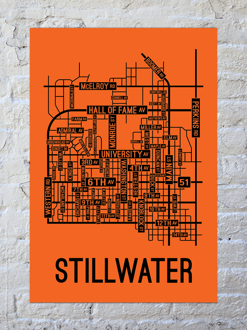 Stillwater, Oklahoma Street Map Screen Print - School Street Posters