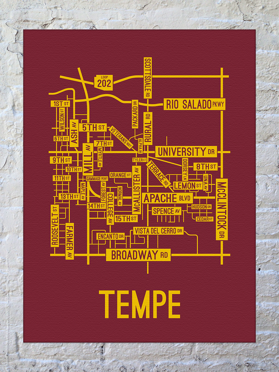 Tempe, Arizona Street Map Screen Print - School Street Posters