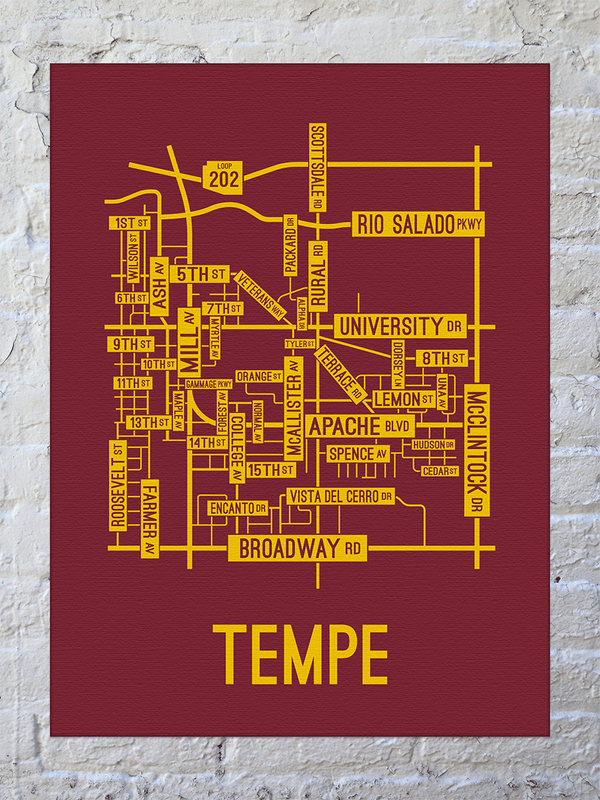 Tempe, Arizona Street Map Screen Print - School Street Posters