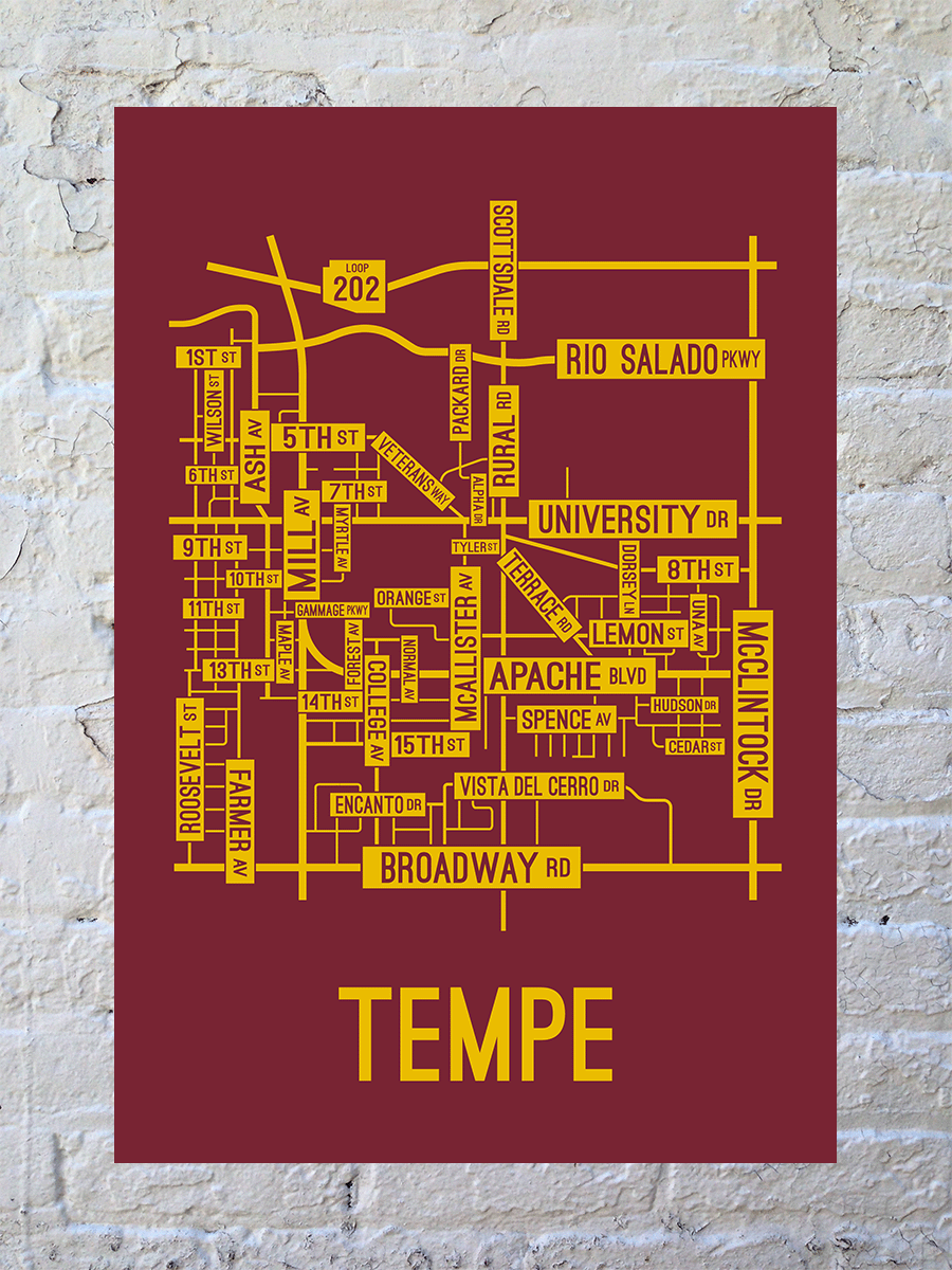 Tempe, Arizona Street Map Screen Print - School Street Posters