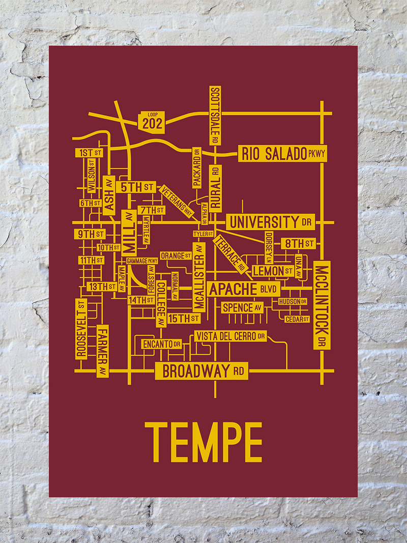Tempe, Arizona Street Map Screen Print - School Street Posters