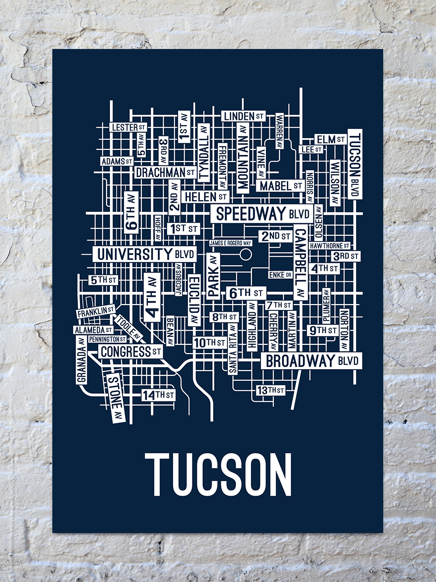 Tucson, Arizona Street Map Screen Print - School Street Posters