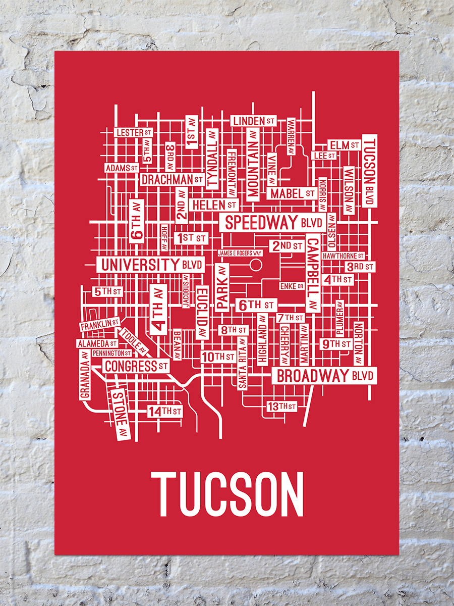 Tucson, Arizona Street Map Screen Print - School Street Posters