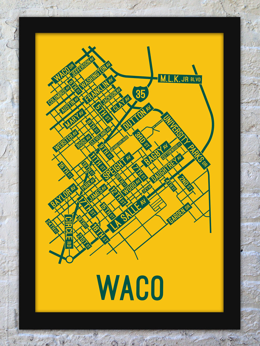 Waco, Texas Street Map Screen Print - School Street Posters