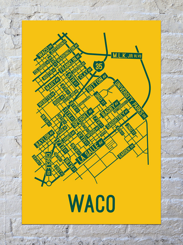 Waco, Texas Street Map Screen Print - School Street Posters