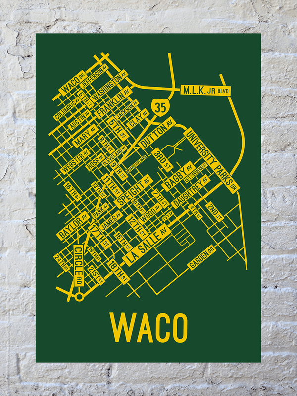 Waco, Texas Street Map Screen Print - School Street Posters