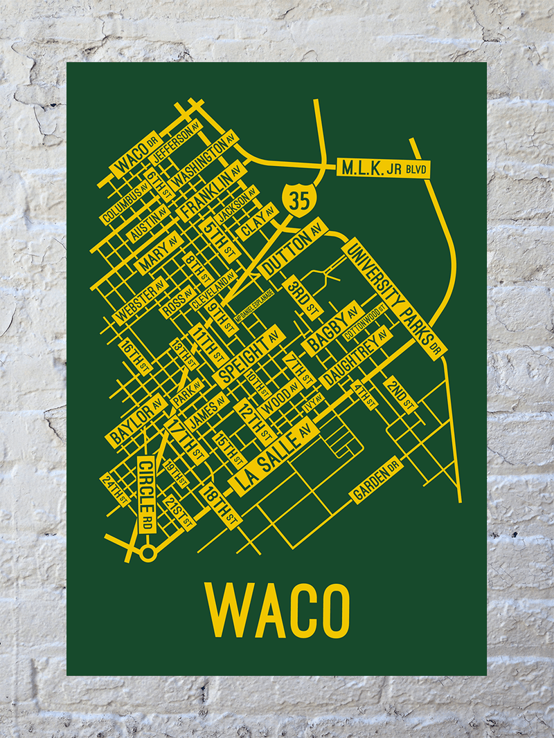 Waco, Texas Street Map Screen Print - School Street Posters