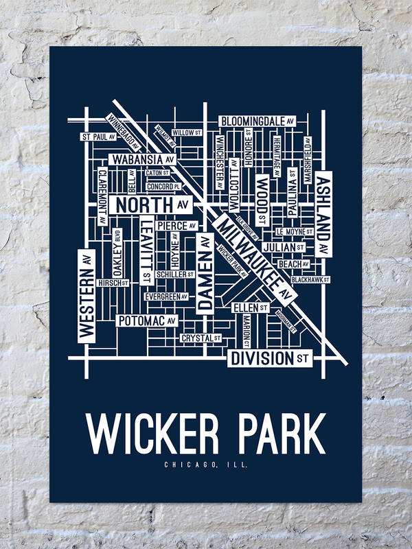 Wicker Park, Chicago Street Map Screen Print - School Street Posters