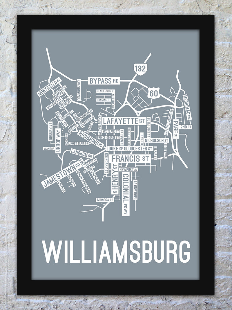Williamsburg, Virginia Street Map Screen Print - School Street Posters