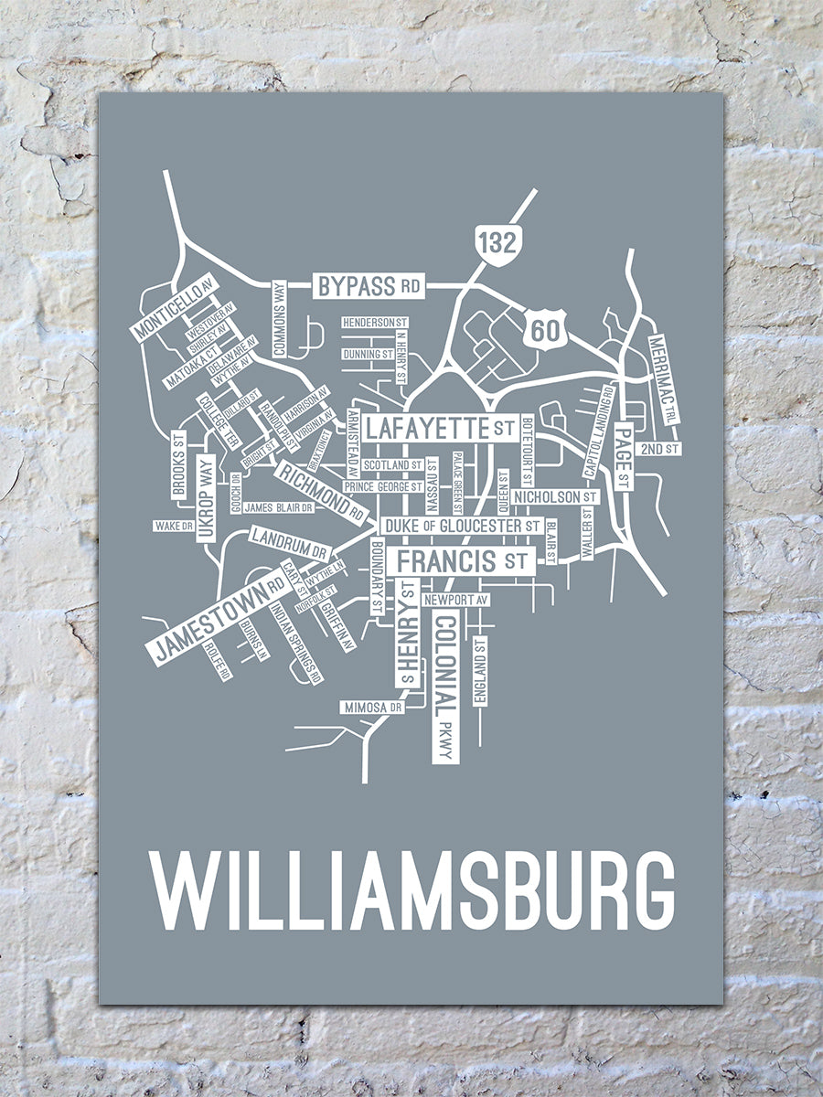 Williamsburg, Virginia Street Map Screen Print - School Street Posters