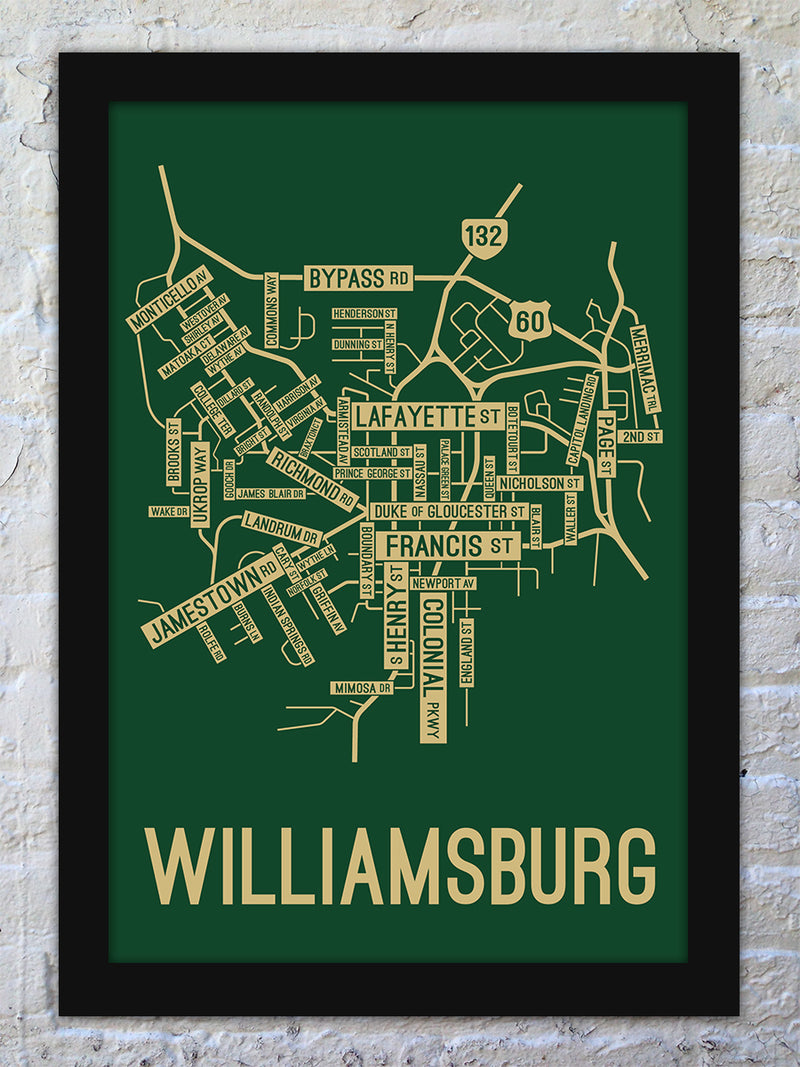 Williamsburg, Virginia Street Map Screen Print - School Street Posters