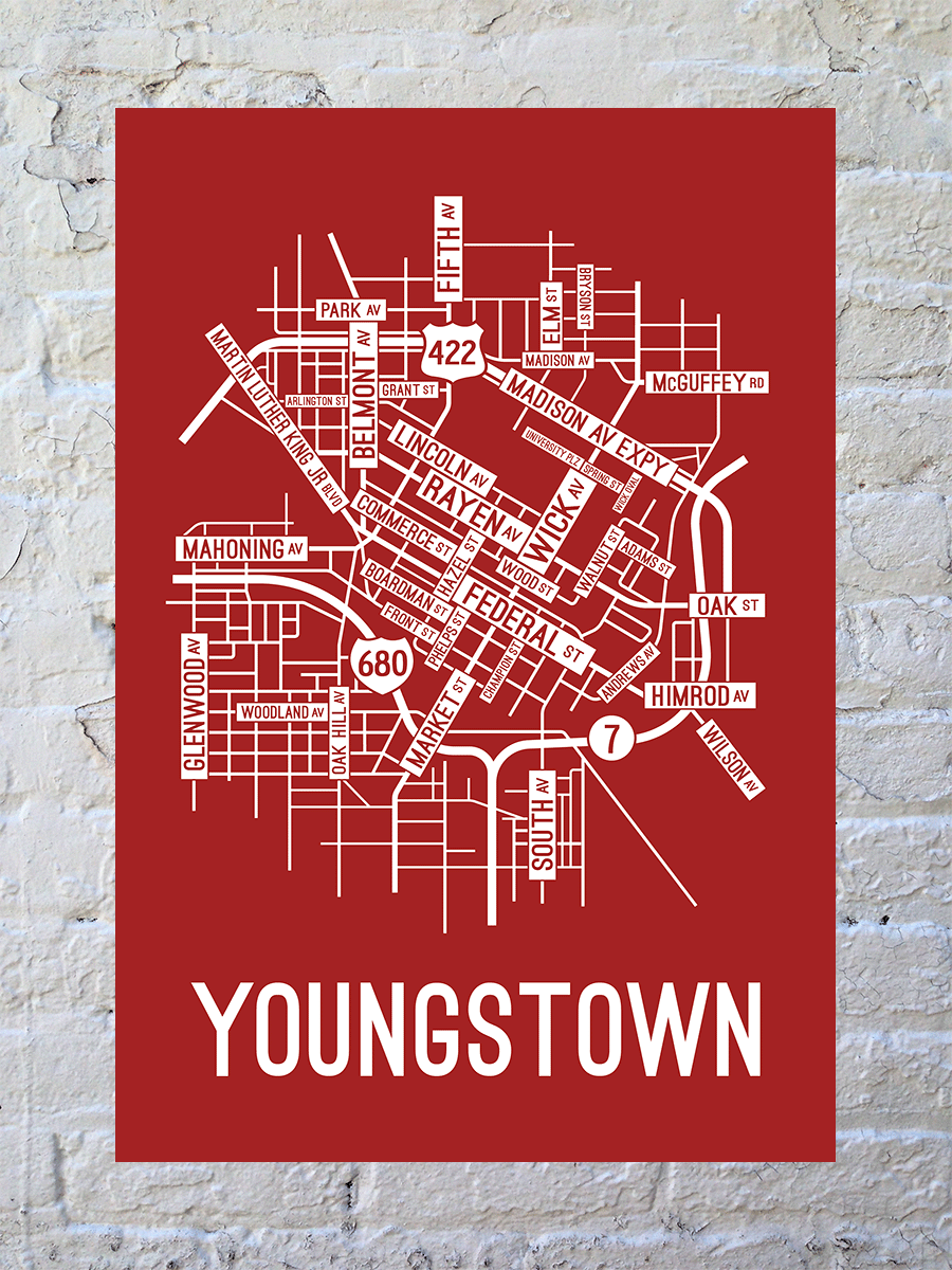Youngstown, Ohio Street Map Screen Print - School Street Posters