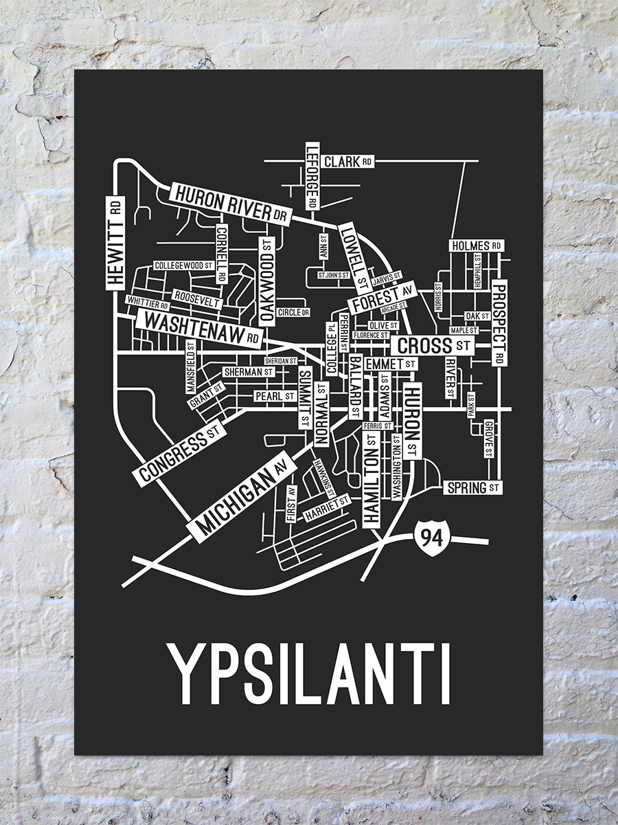 Ypsilanti, Michigan Street Map Screen Print - School Street Posters