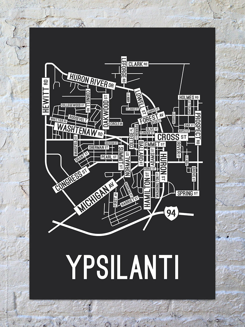 Ypsilanti, Michigan Street Map Screen Print - School Street Posters